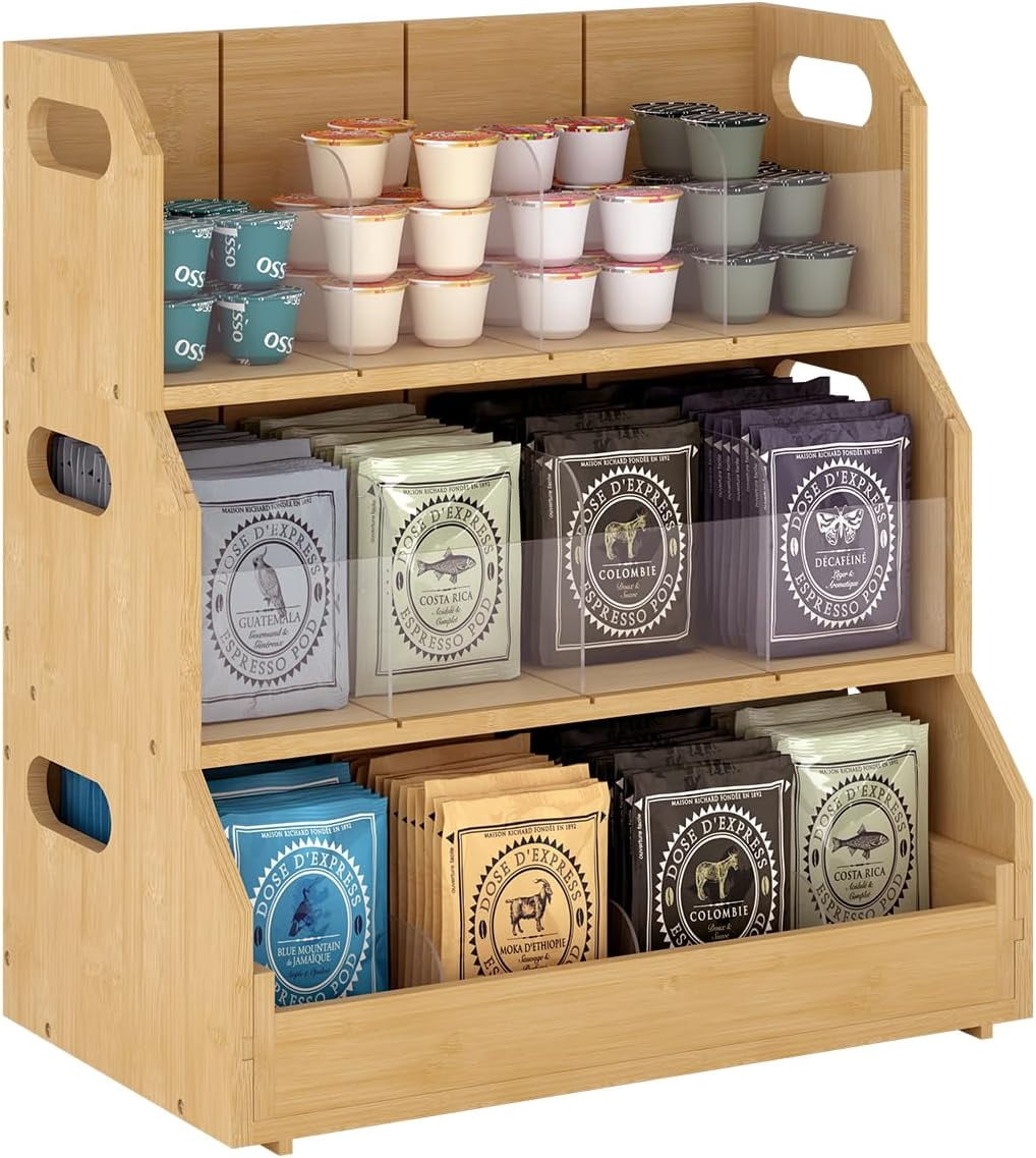 3-Tier Stackable Bamboo Drawer Organizer, Tea Bag Holder with 12 ...