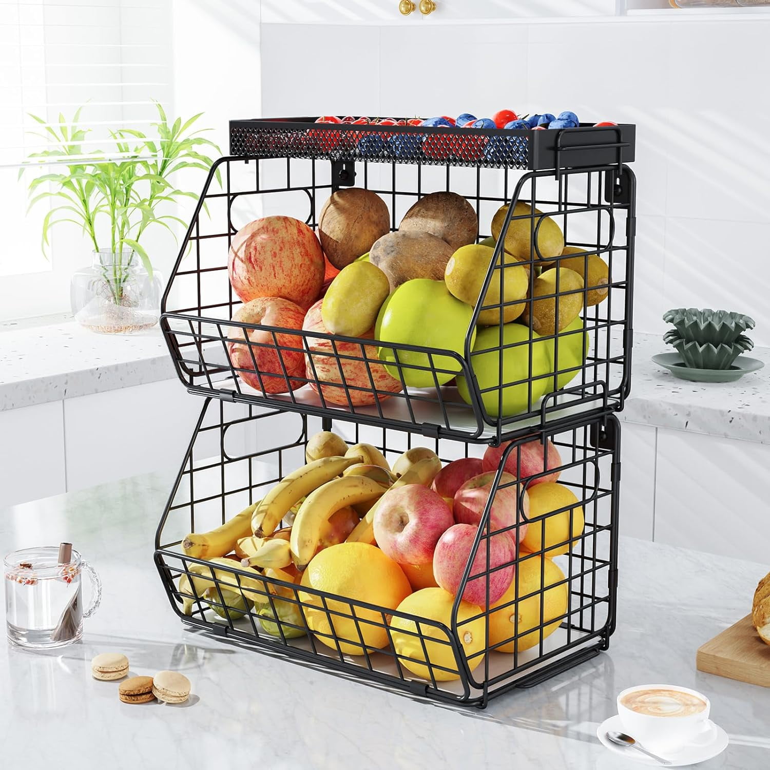 3-Tier Stackable Fruit Basket Kitchen Potato Onion Storage with Wire ...