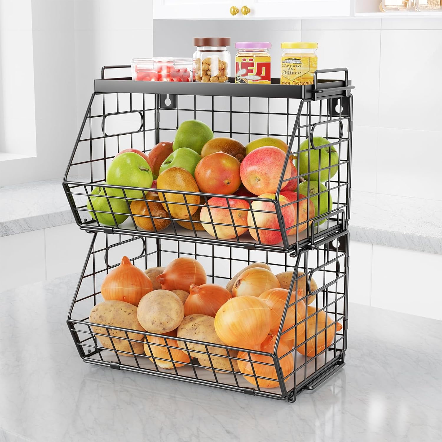 3-Tier Stackable Fruit Basket Kitchen Potato Onion Storage Wire Baskets ...