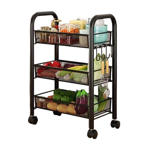 3 Tier Stackable Kitchen Storage Cart, Metal Mesh Fruit Basket with 4 ...