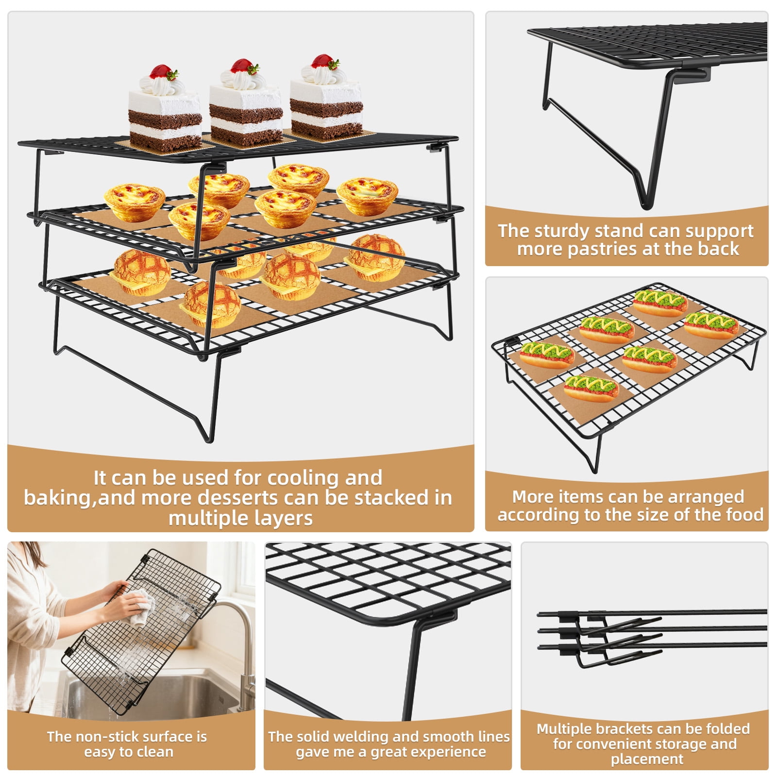 3-Tier Stackable Non-Stick Wire Cooling Rack Set - Easy to Clean ...