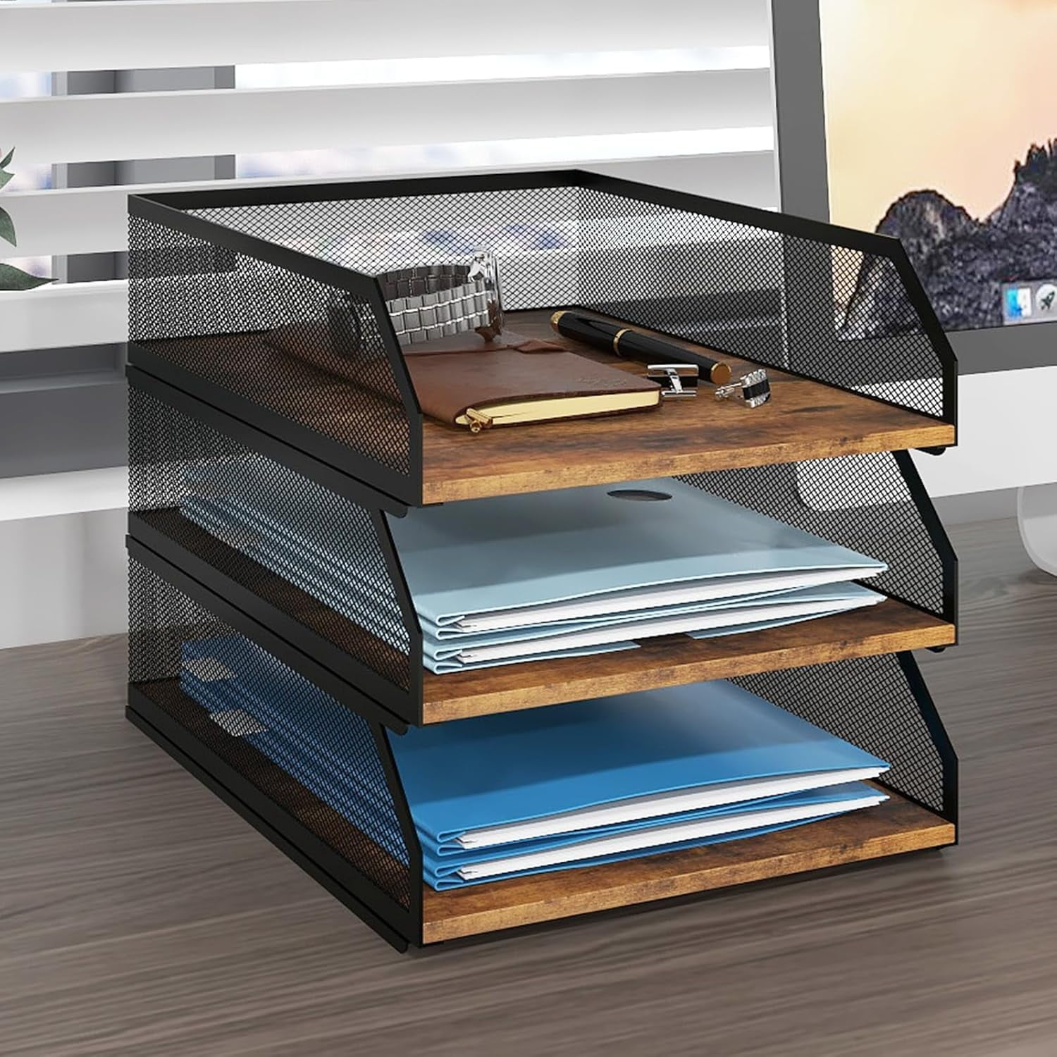 3-Tier Stackable Paper Tray, Metal Mesh Desktop Organizer, Wood Board ...