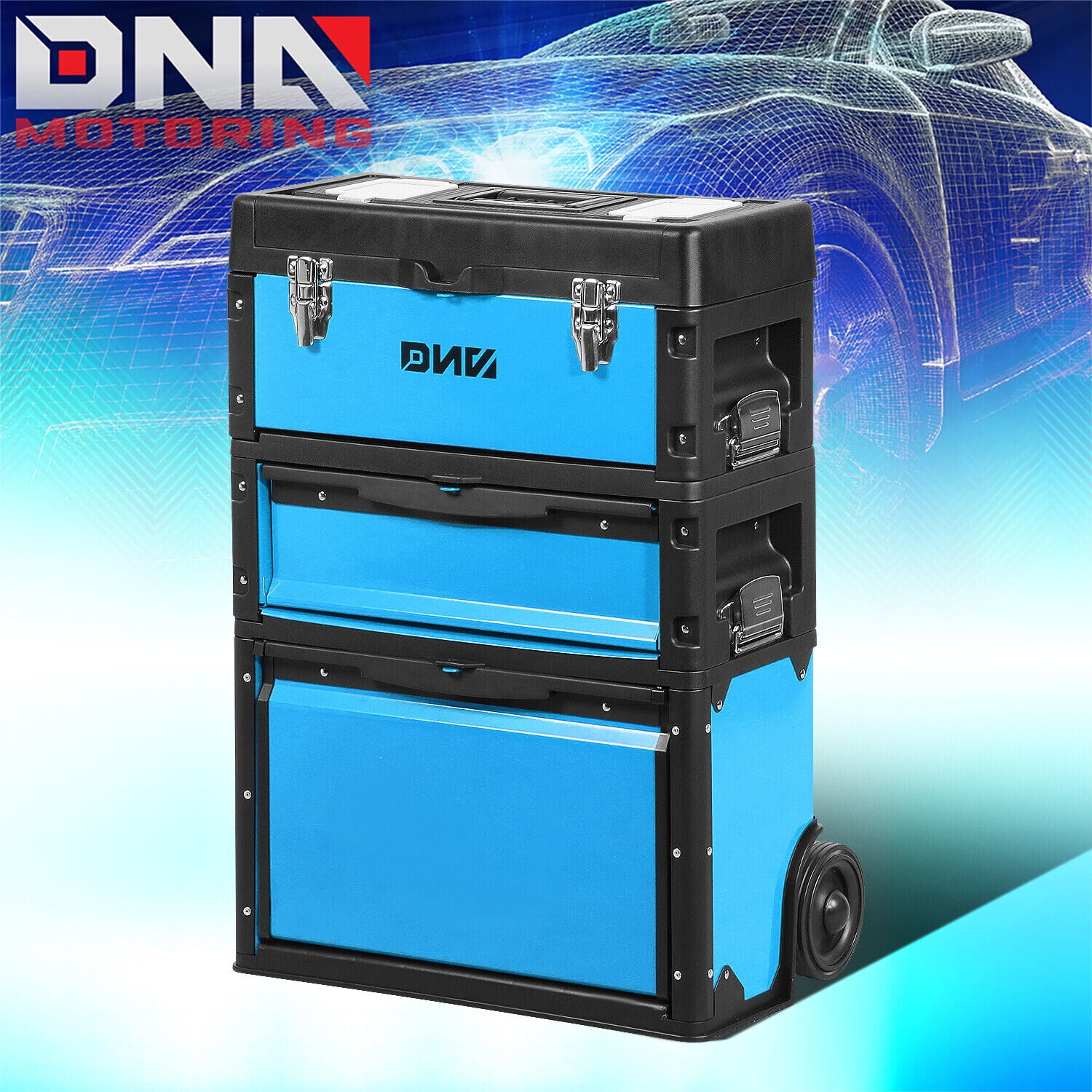 3-Tier Stackable Trolley Tool Box Storage Case Organize 19.5" x 28.5" x ...