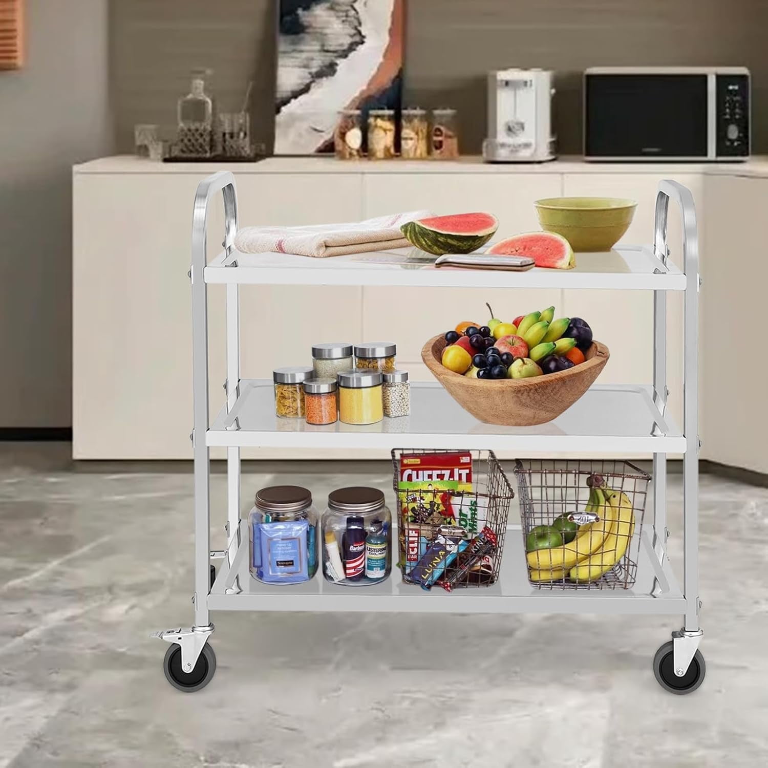 3-Tier Stainless Steel Cart Heavy-Duty Industrial Service Cart with ...