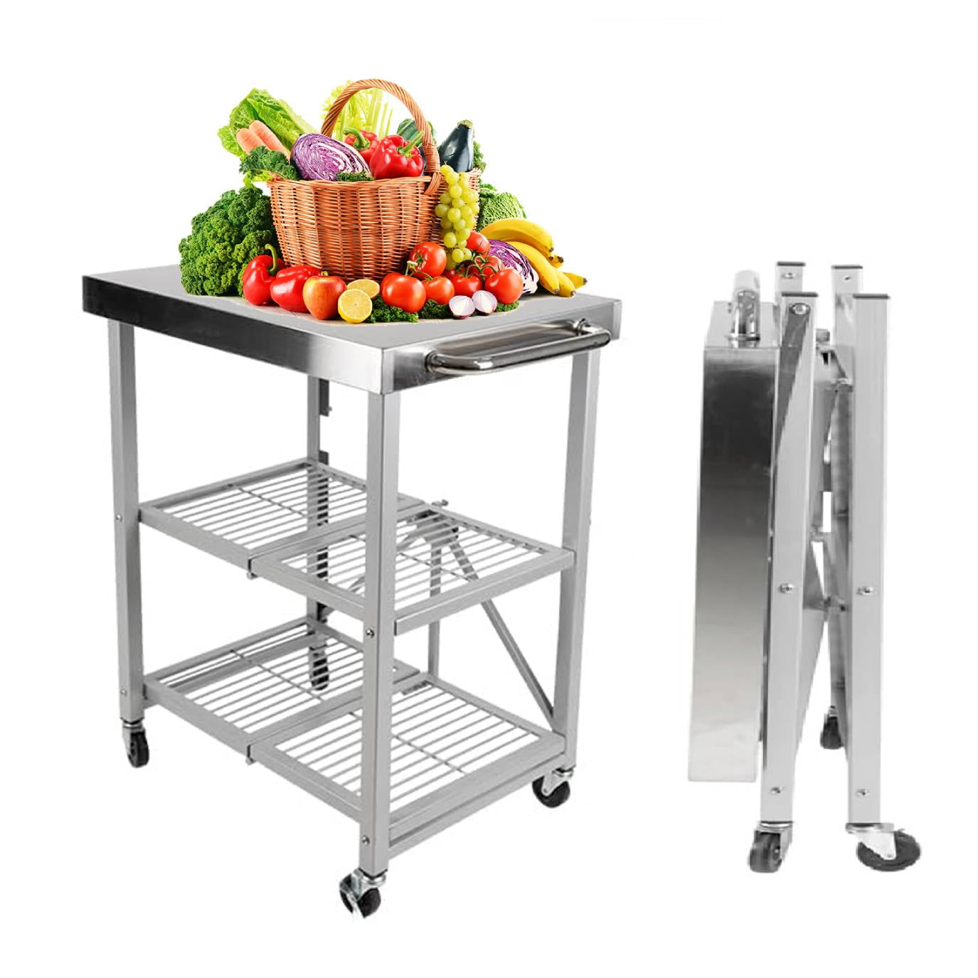 3-Tier Stainless Steel Cart with Wheels, 300 lbs Capacity Foldable ...