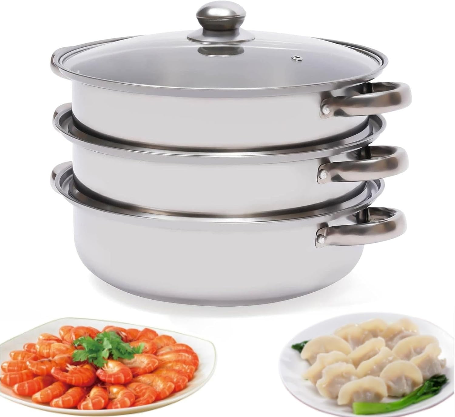 3-Tier Stainless Steel Steamer Pot, 1 Pan & 2 Steamers Freely Matched ...