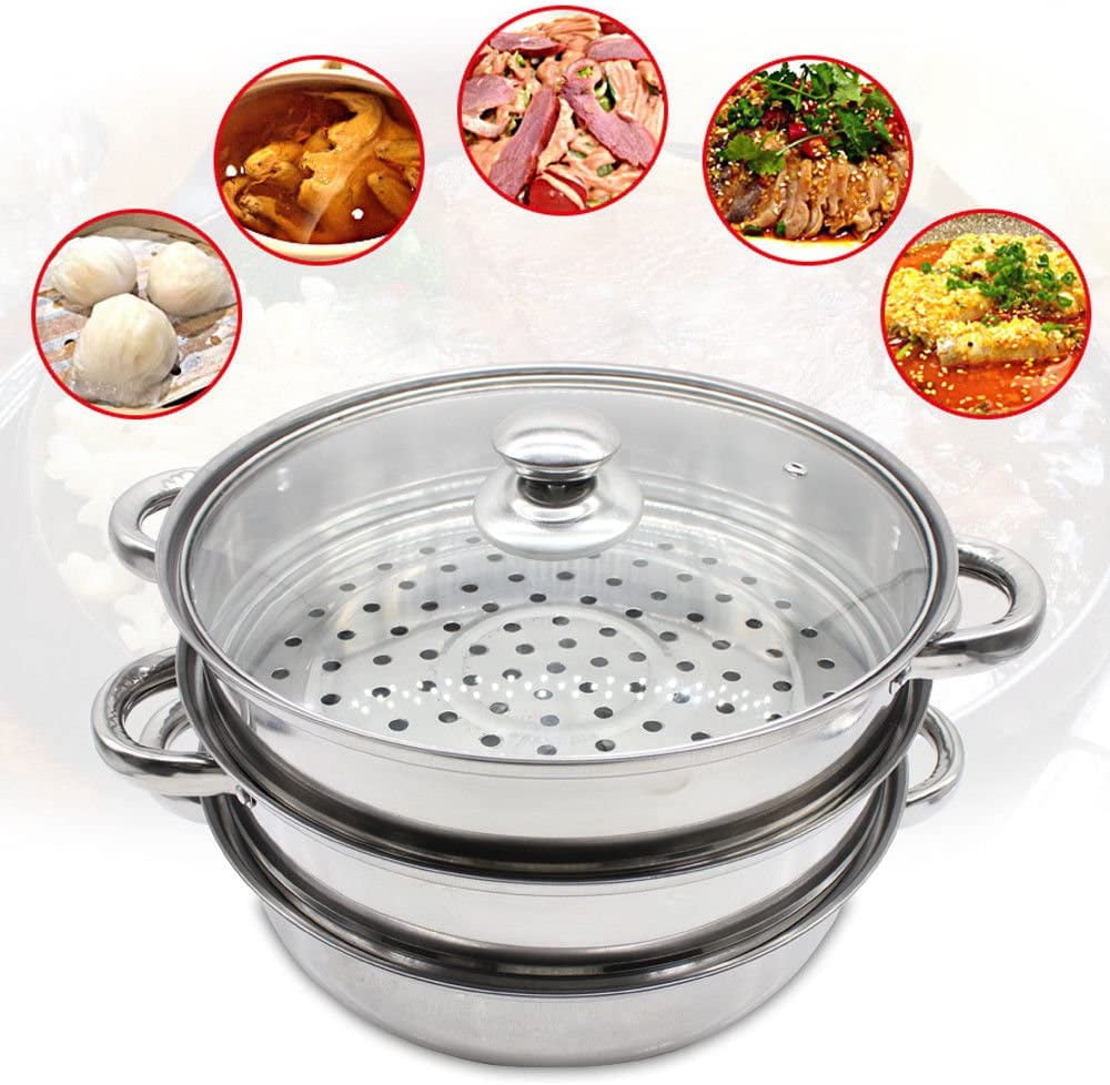 3 Tier Stainless Steel Steamer Steaming Pot Cookware Set w/Vented Glass ...