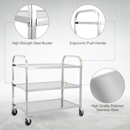3 Tier Stainless Steel Utility Cart, 220Lbs Metal Utility Cart Storage ...