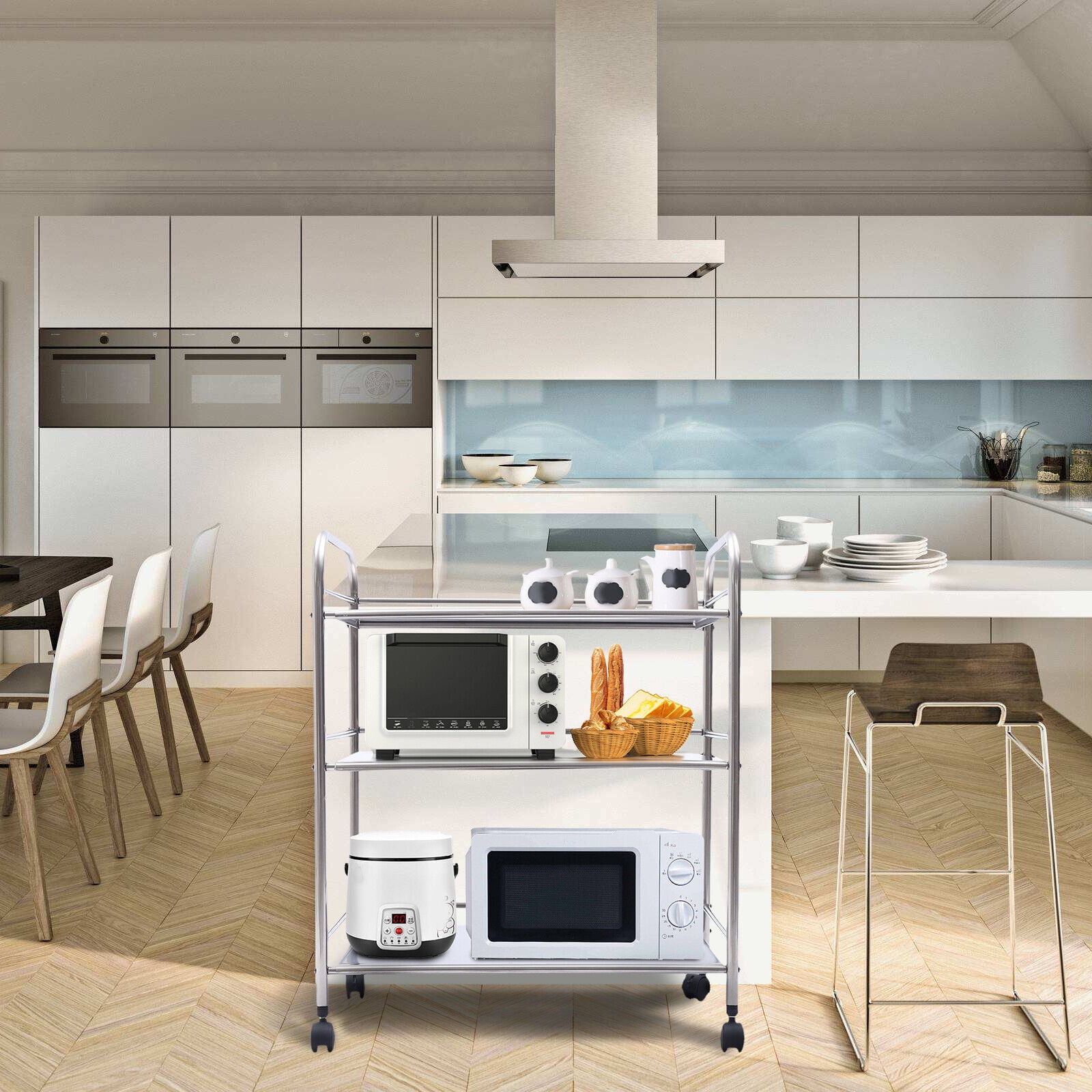 3-Tier Stainless Steel Utility Cart,Kitchen Trolley Serving Cart with ...