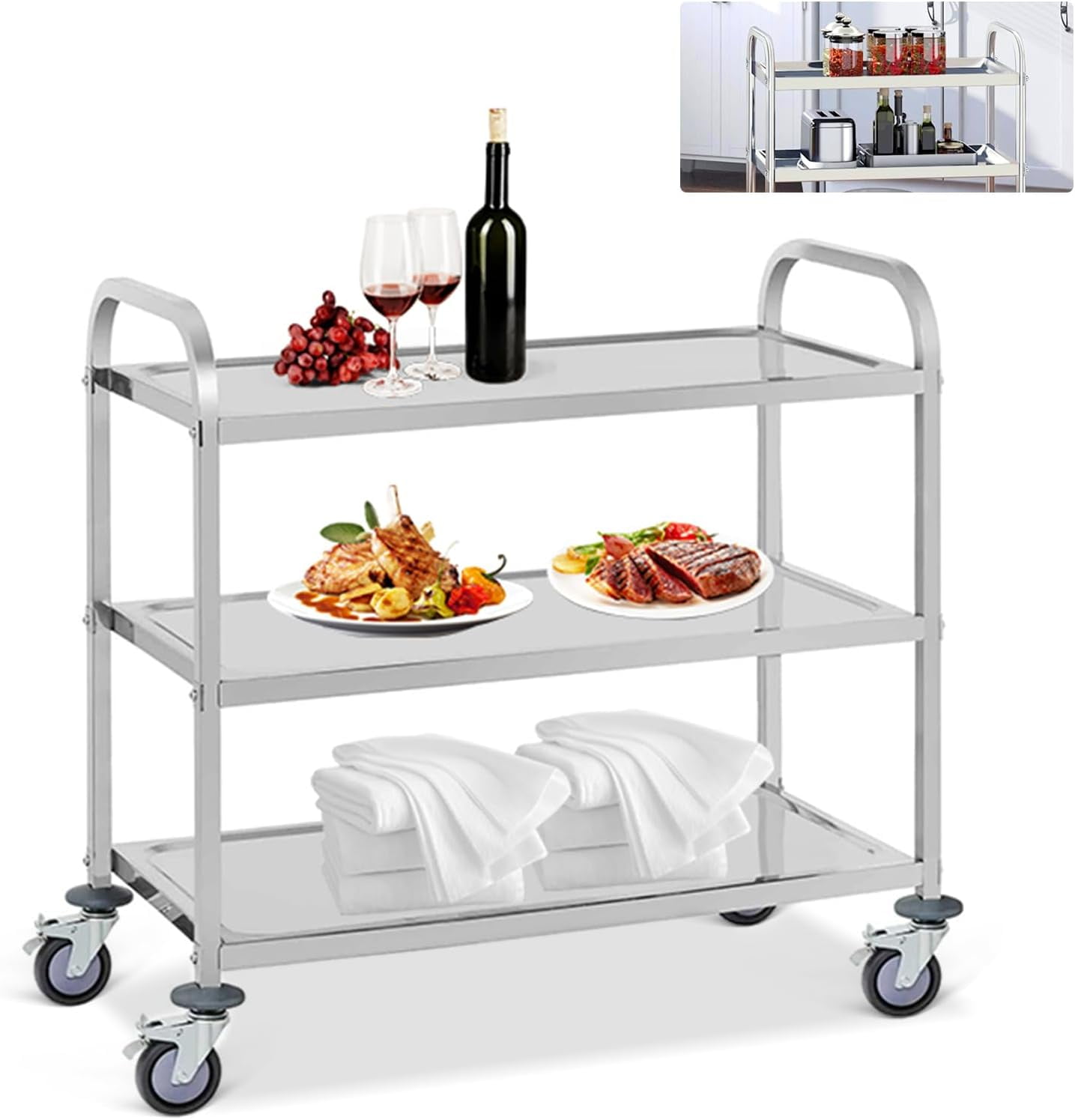 3 Tier Stainless Steel Utility Cart,Metal Rolling Cart with Wheels,37 ...
