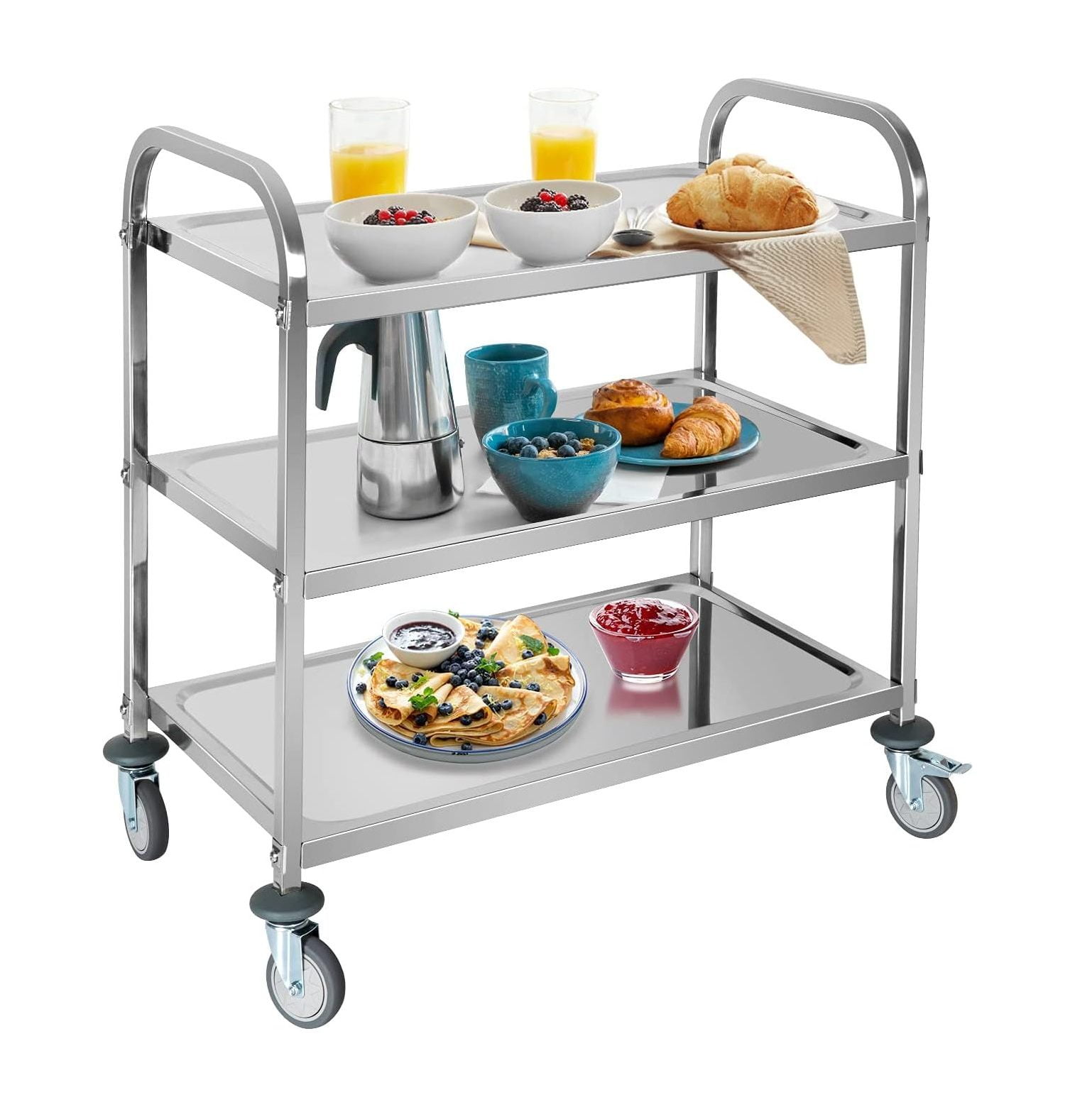 3-Tier Stainless Steel Utility Cart with Wheels Kitchen Trolley Cart ...