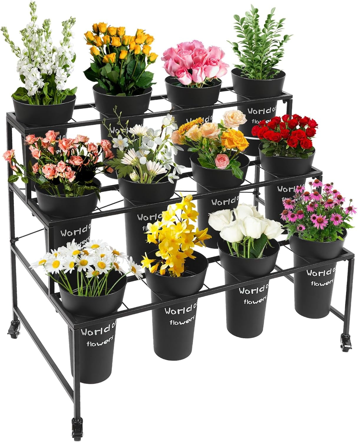 3 Tier Stand with 12 Bucket, Flower Display Stand with Universal Wheels ...