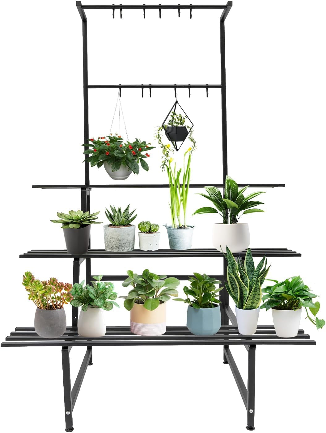 3 Tier Stand with Hanging Rods, Heavy Duty Ladder Shelf, Outdoor Indoor ...