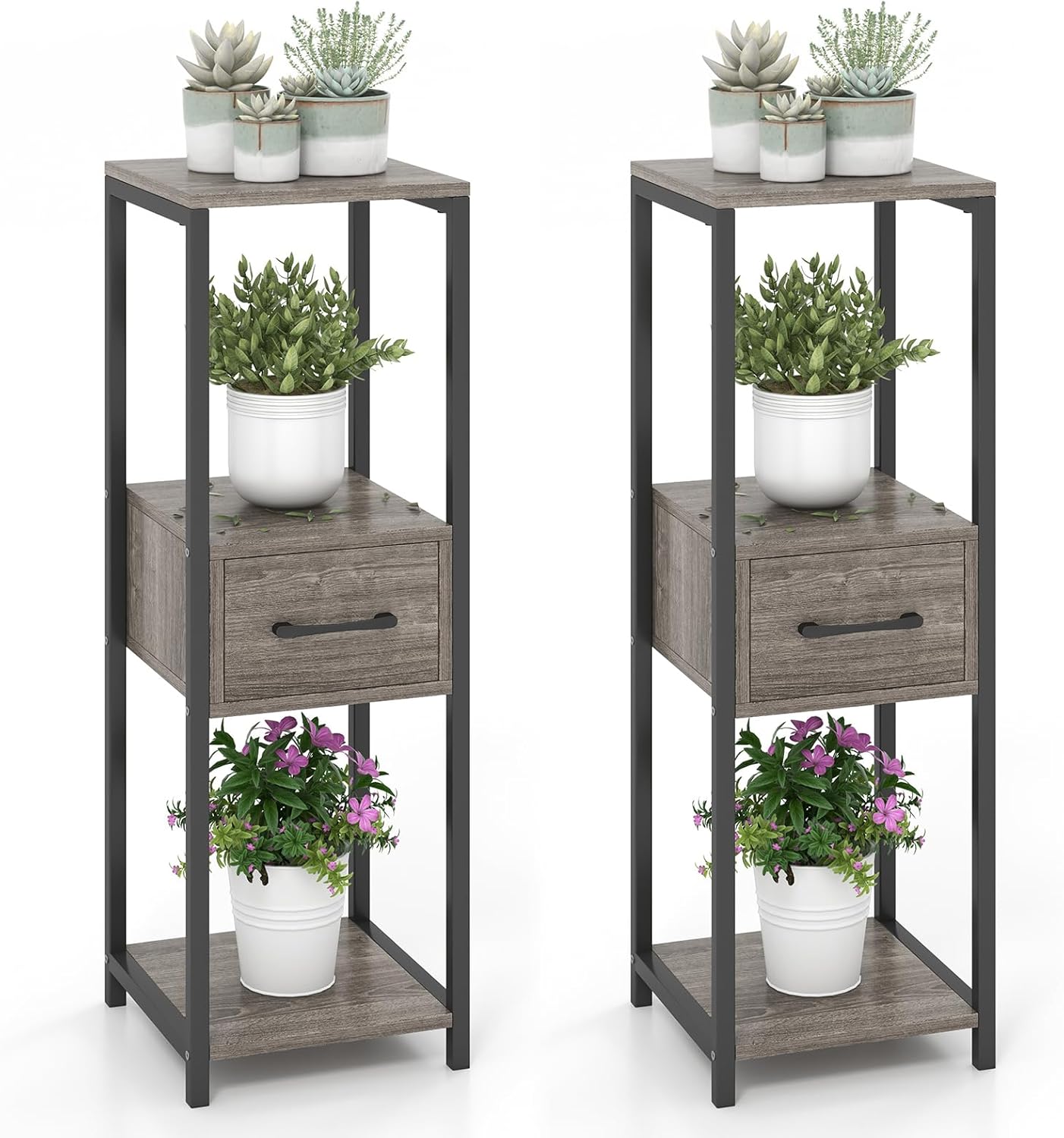 3-Tier Stand Indoor, 2 Pieces Corner Display Shelf with Drawer & Anti ...