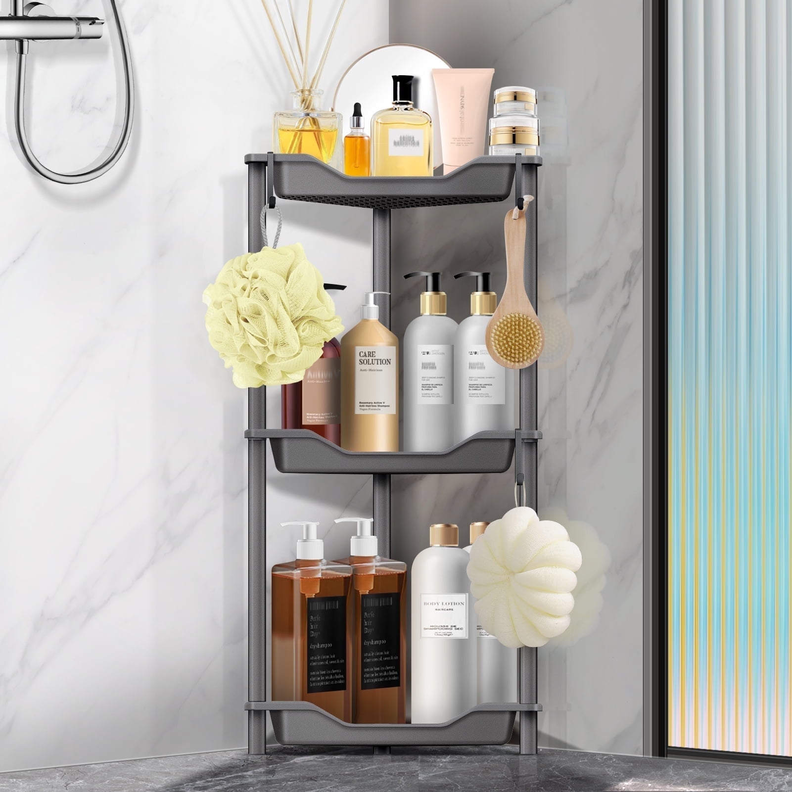 Nurforta 3 Tier Plastic Shower Corner Shelves, Rustproof with Adhesive ...