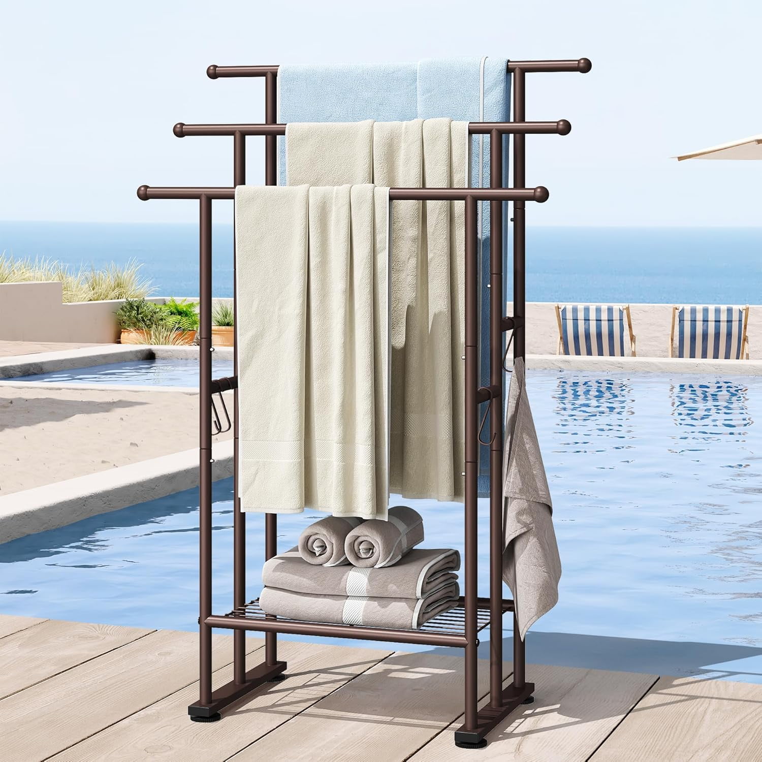 3 Tier Standing Towel Rack, 40'' Tall Towel Drying Rack Outdoor ...