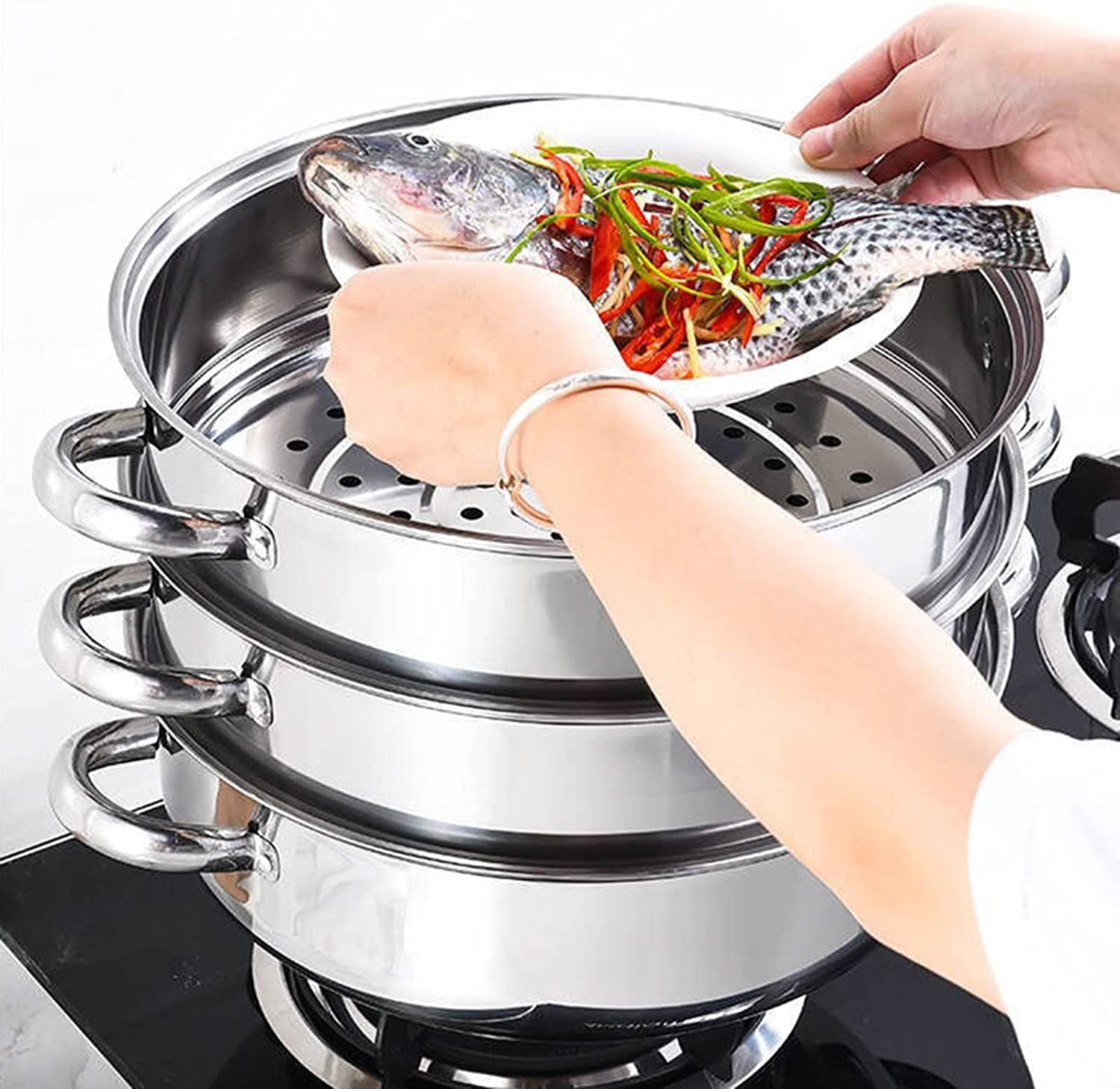 3 Tier Steamer for Cooking, 304 Food Grade Stainless Steel Cookware for ...