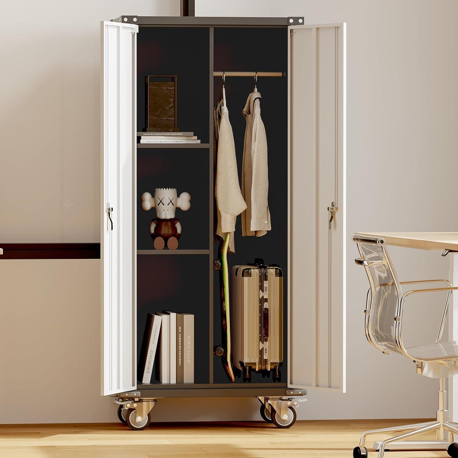 3-Tier Steel Storage Cabinet with Hanger Tubes Lockable Cabinet Wheels ...