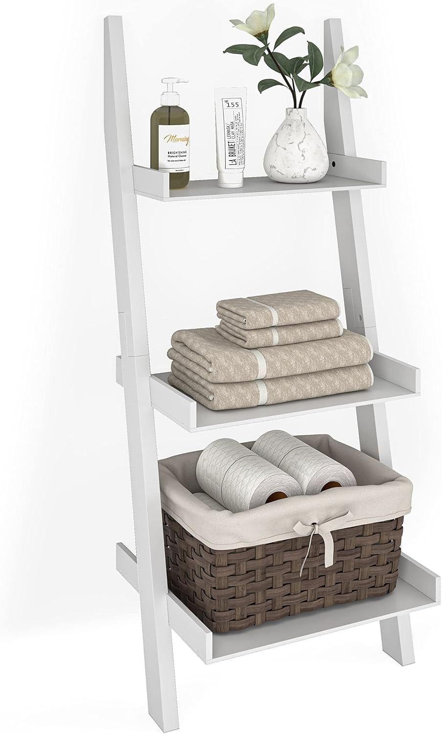 3-Tier Storage Ladder Shelf and Organizer, Modern Wood Leaning Ladder ...