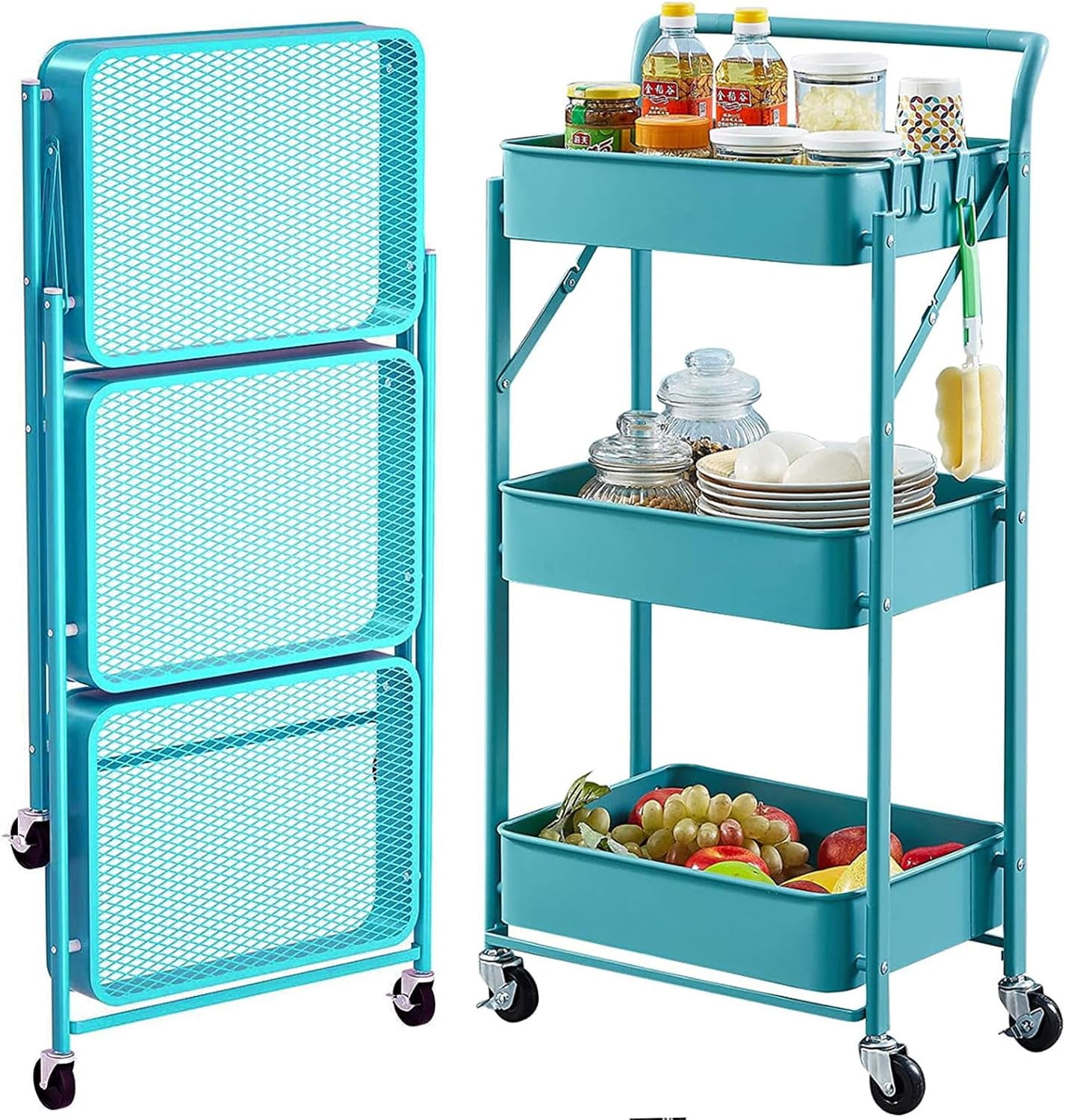 3 Tier Storage Organzier Cart Metal Utility Rolling Cart with Wheels ...