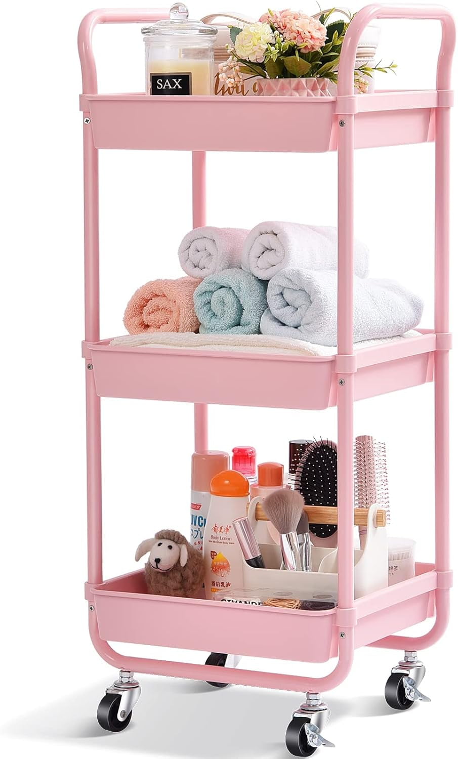 3-Tier Storage Rolling Cart, Kitchen Utility Cart with Wheels, Plastic ...