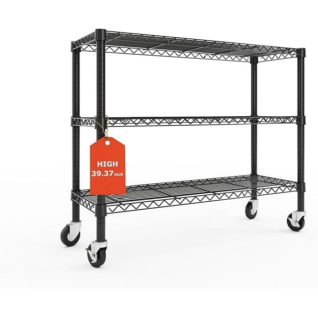 3 Tier Storage Shelves with Wheels Wide Wire Shelving Unit 39.37" H ...