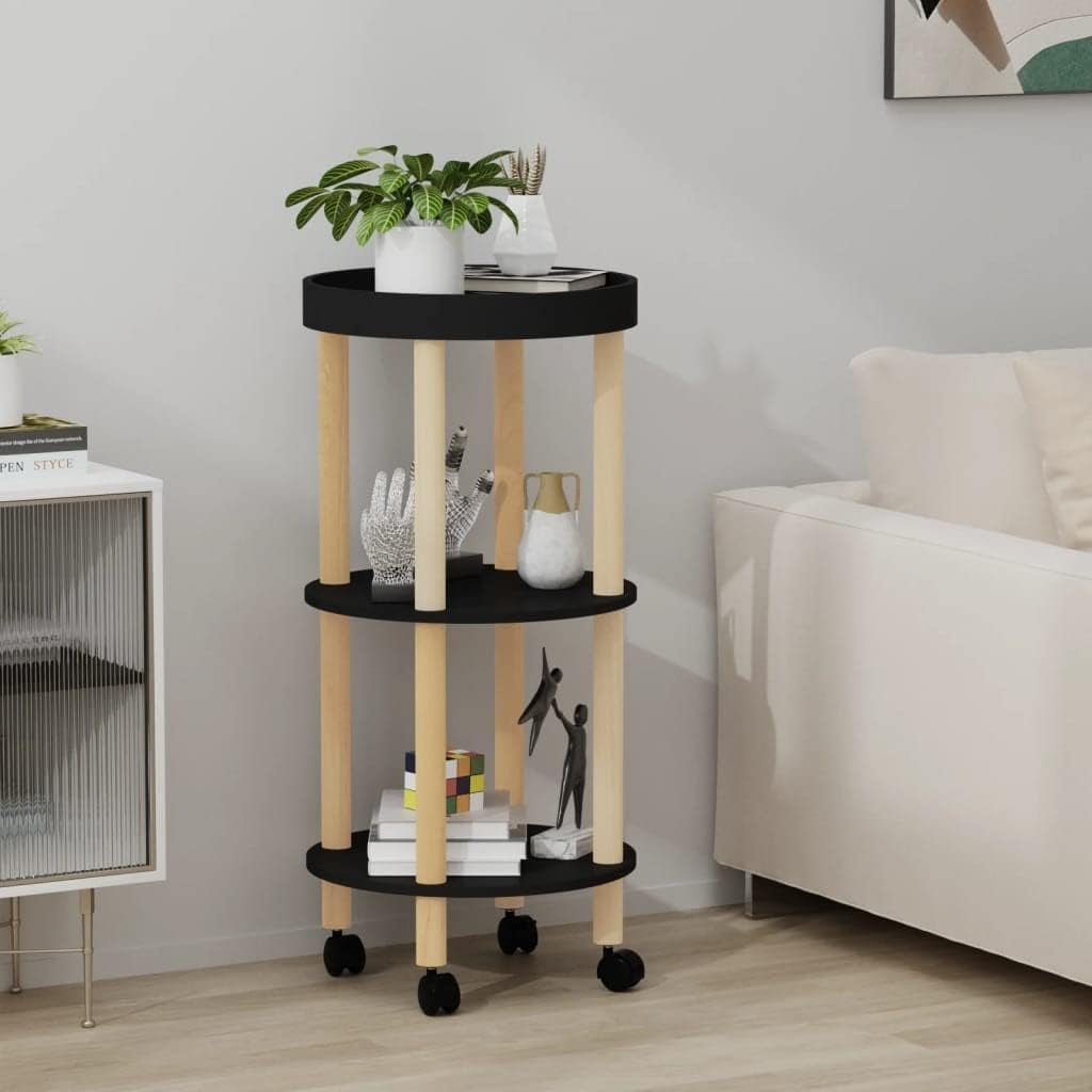 3-Tier Storage Trolley with Wheels, Engineered Wood and Solid Pine, Multi-Functional Design ...