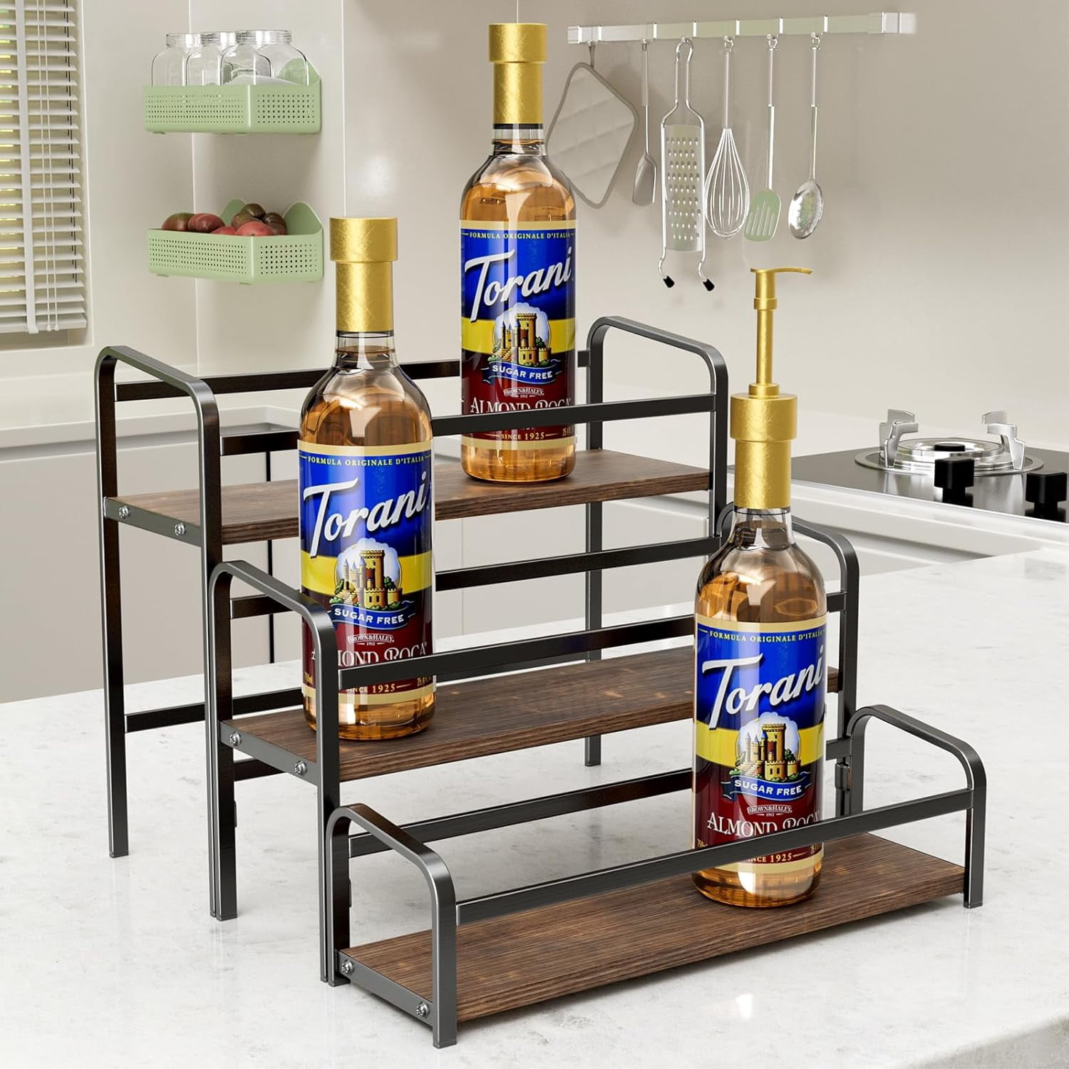 3 Tier Syrup Stand with Wood Shelf and Metal Frame for Coffee Bar ...