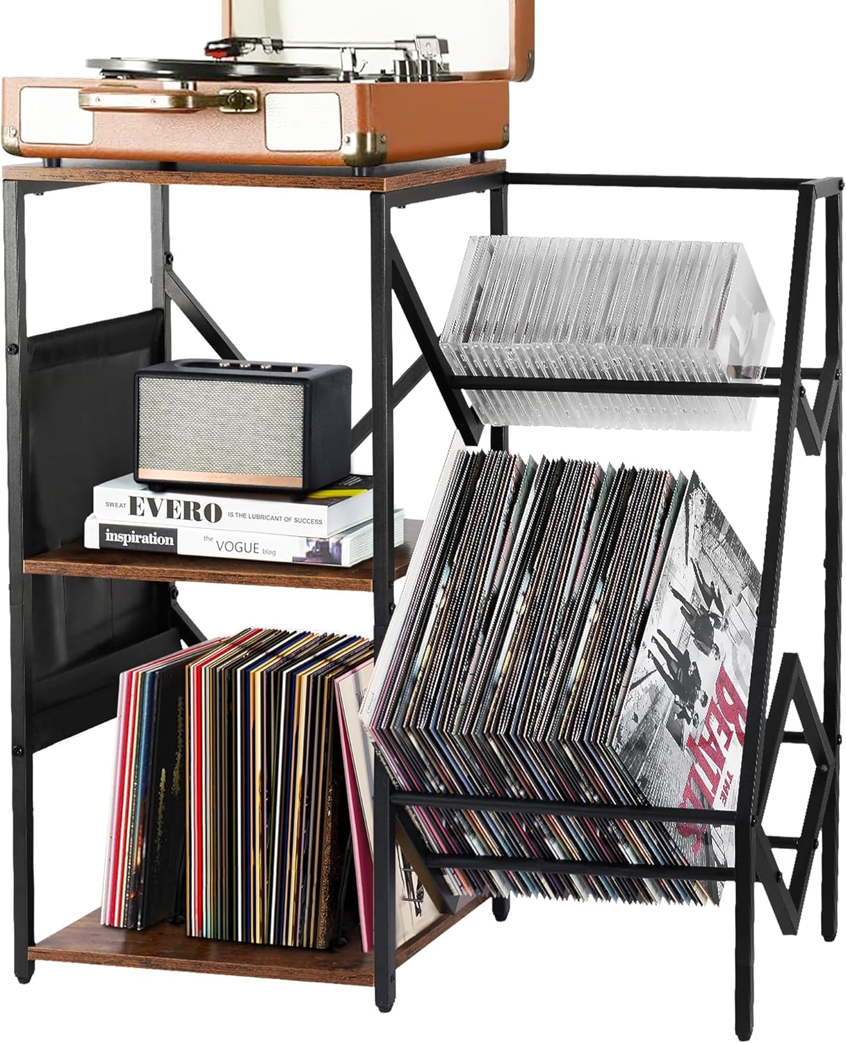 3 Tier Tall End Table, Record Player Stand with Storage Up to 200 ...