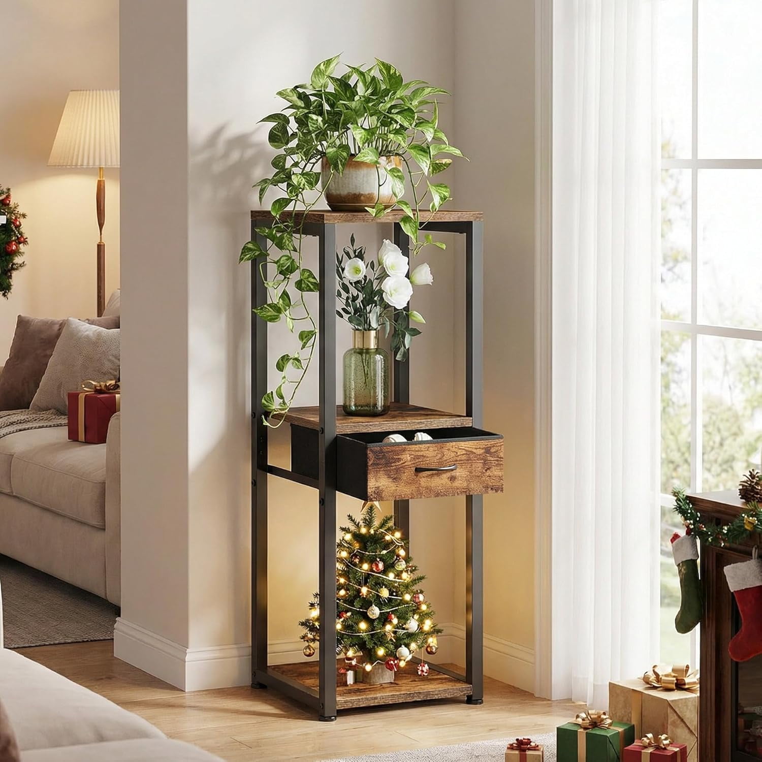 3 Tier Tall Plant Stand with Fabric Drawer , Corner Plant Stands for ...