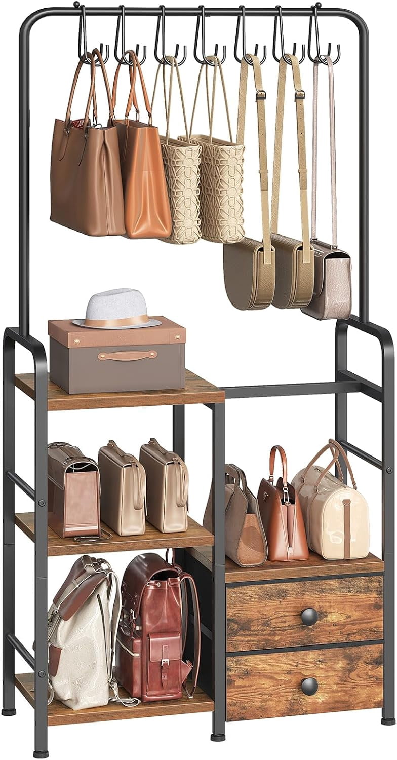 3-Tier Tall Purse Organizer with Hooks & Drawers, Floor-Standing Purse ...