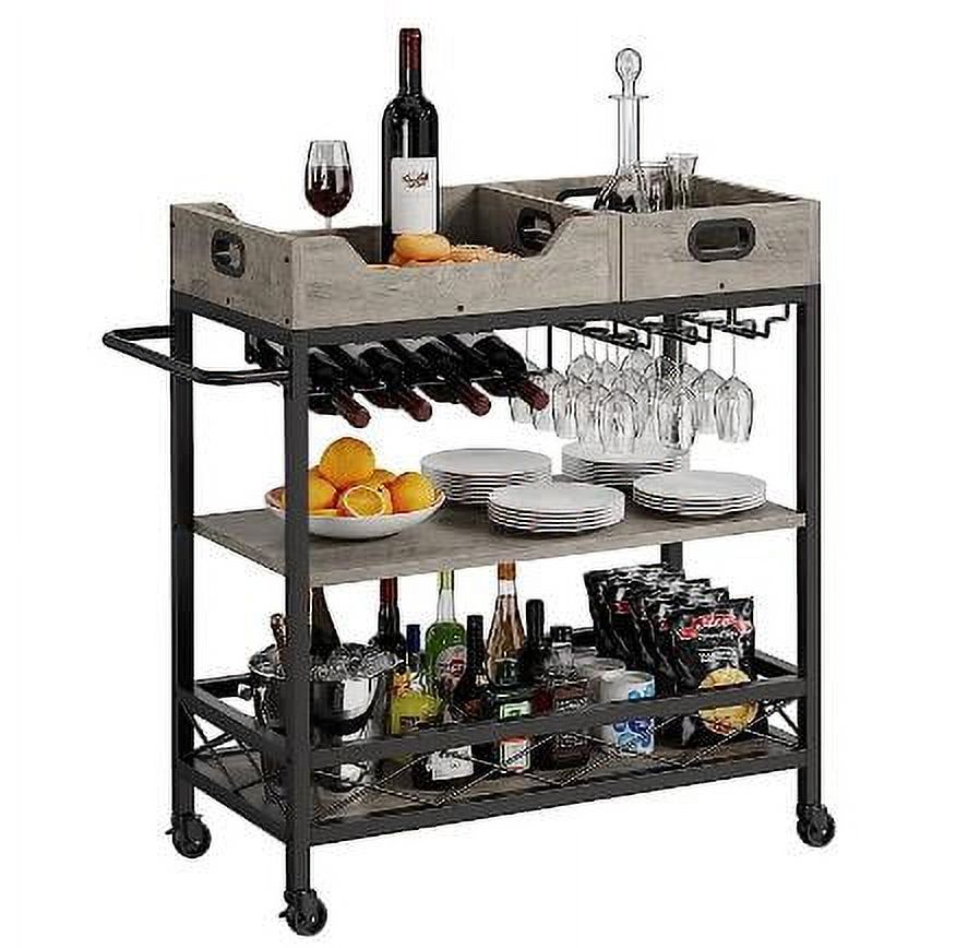 3 Tier The Home Bar Cart with Wheels, Two Portable Trays, Wine Rack ...