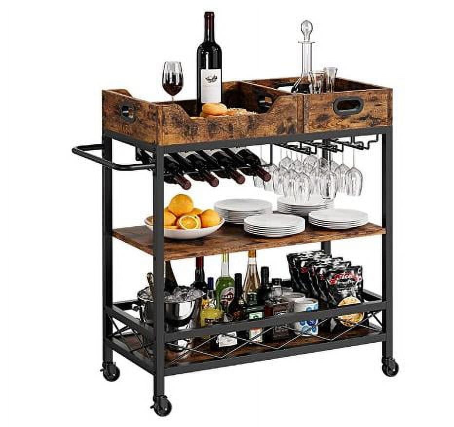 3 Tier The Home Bar Cart with Wheels, Two Portable Trays, Wine Rack ...