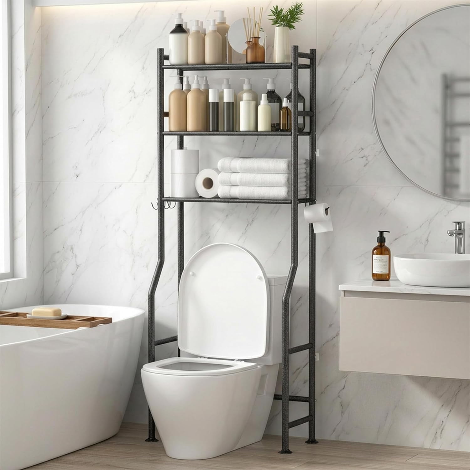 3-Tier Over Toilet Storage with Anti-Tilt Safety System - 150lb Total ...