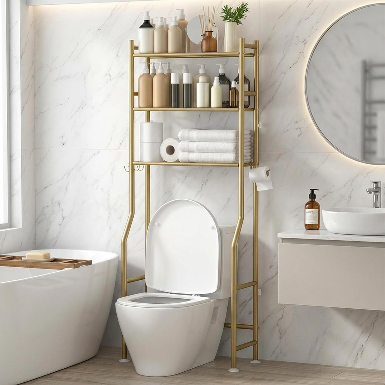 3-Tier Over Toilet Storage with Anti-Tilt Safety System - 150lb Total ...
