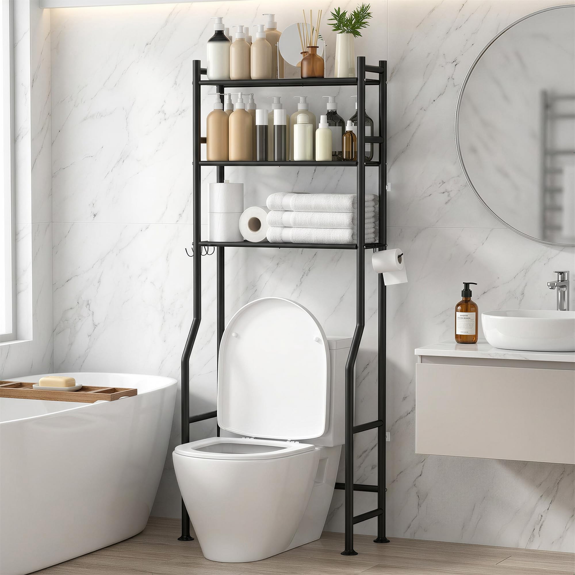 3-Tier Over Toilet Storage Shelf, 64" H Black Metal Bathroom Organizer ...