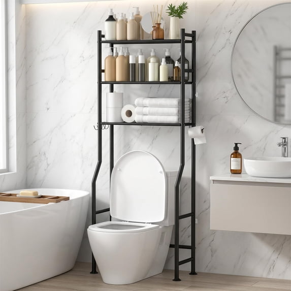 3-Tier Over Toilet Storage Shelf, 64" H Black Metal Bathroom Organizer ...