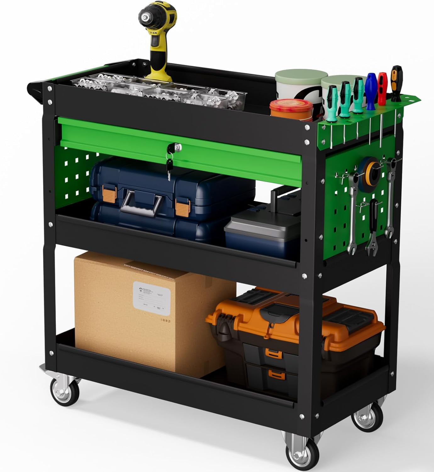 3-Tier Tool Cart,Rolling Tool Cart with Wheels and Drawer,Utility Cart ...
