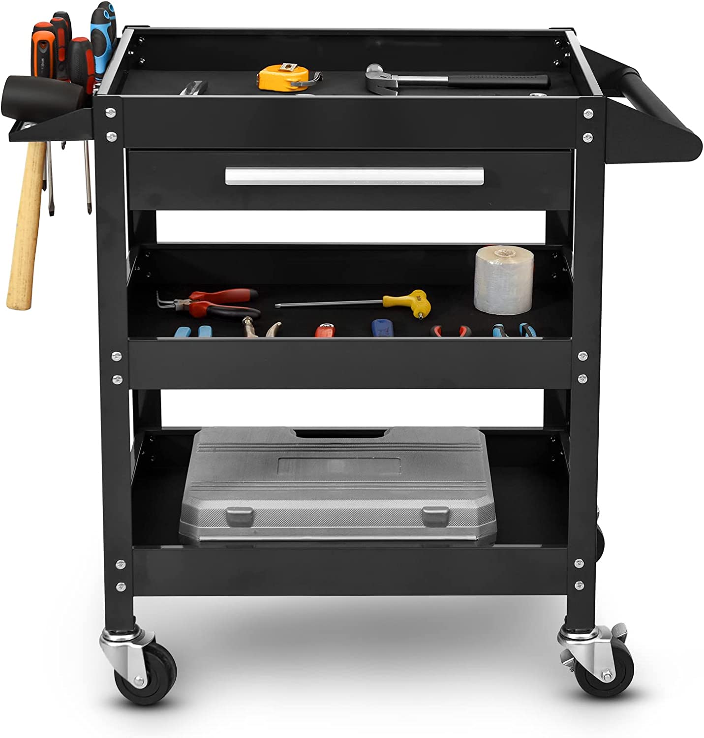 3 Tier Tool Cart on Wheels, Heavy Duty Industrial Utility Service Cart with Drawer, Rolling ...