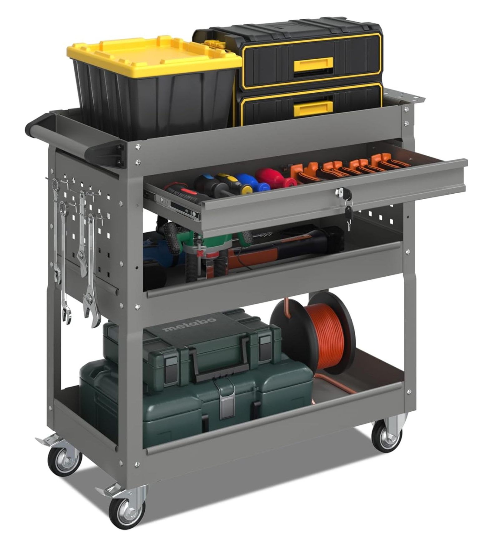 3 Tier Tool Cart on Wheels with Lockable Drawer,450 LBS Capacity Heavy Duty Utility Cart,Rolling ...