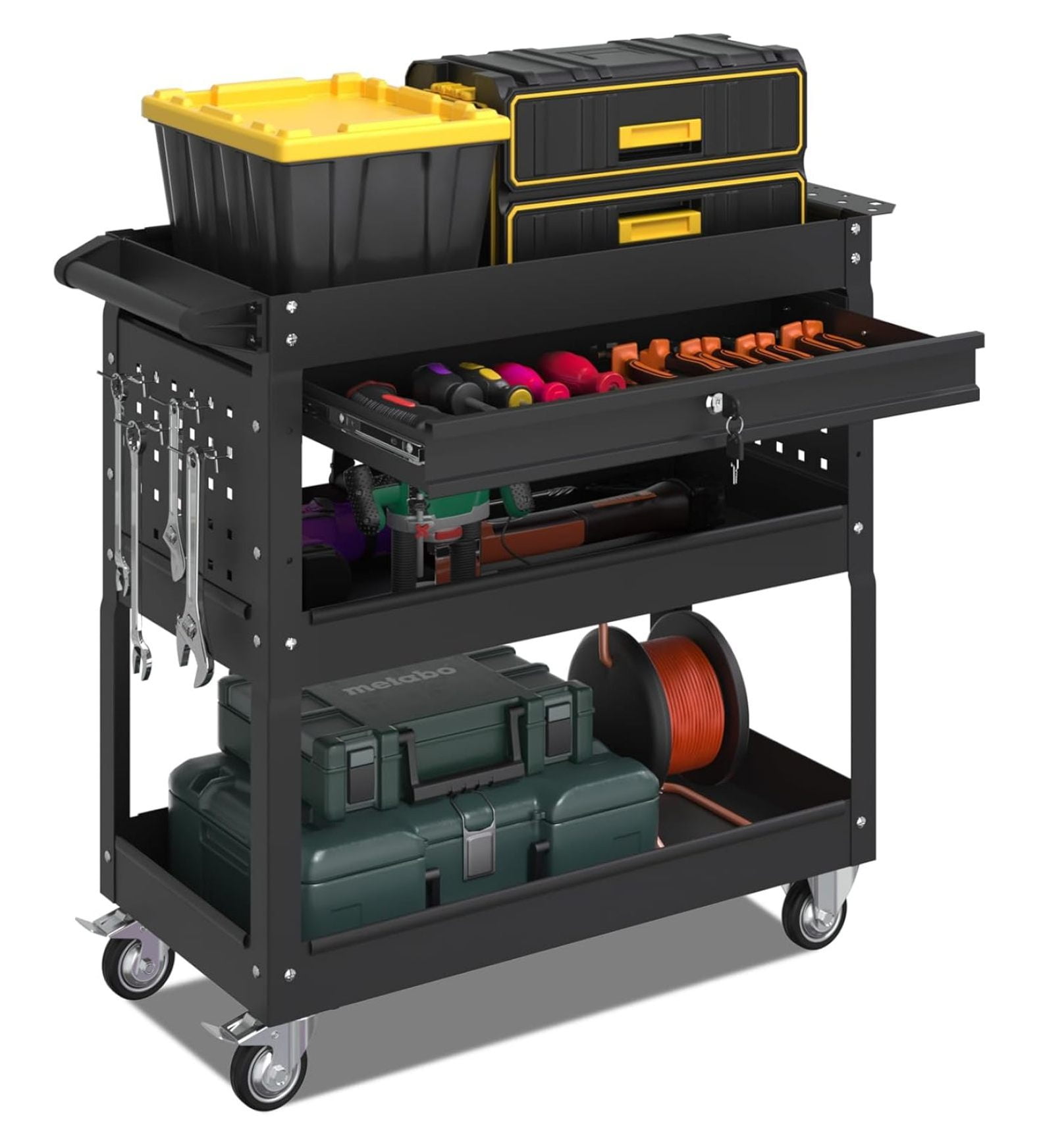 3 Tier Tool Cart on Wheels with Lockable Drawer,450 LBS Capacity Heavy Duty Utility Cart,Rolling ...