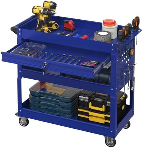 3 Tier Tool Cart on Wheels with Lockable Drawer,450 LBS Capacity Heavy ...
