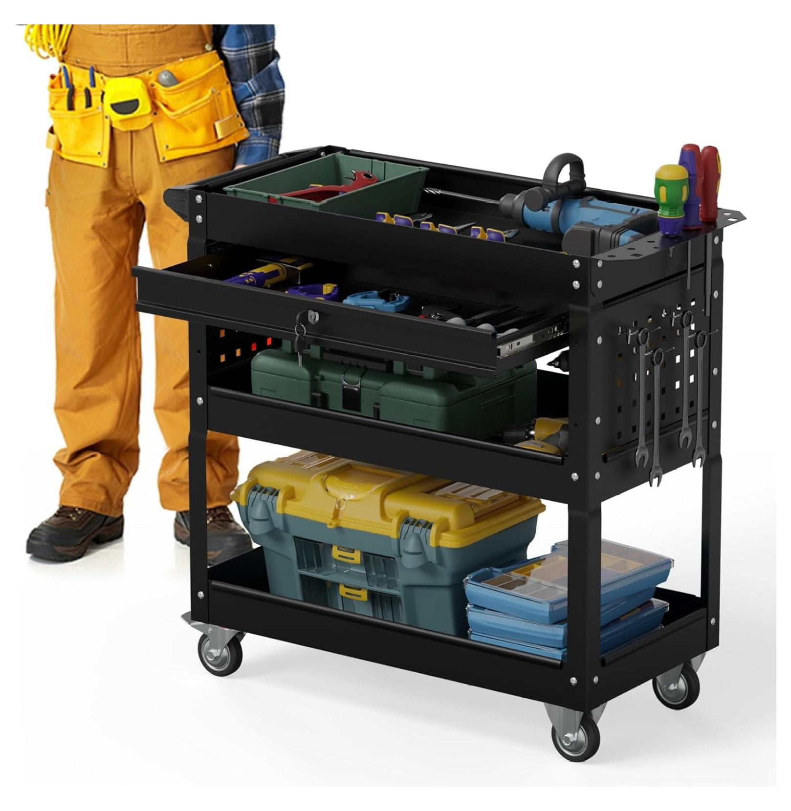 3 Tier Tool Cart on Wheels with Lockable Drawer, Heavy Duty Rolling ...