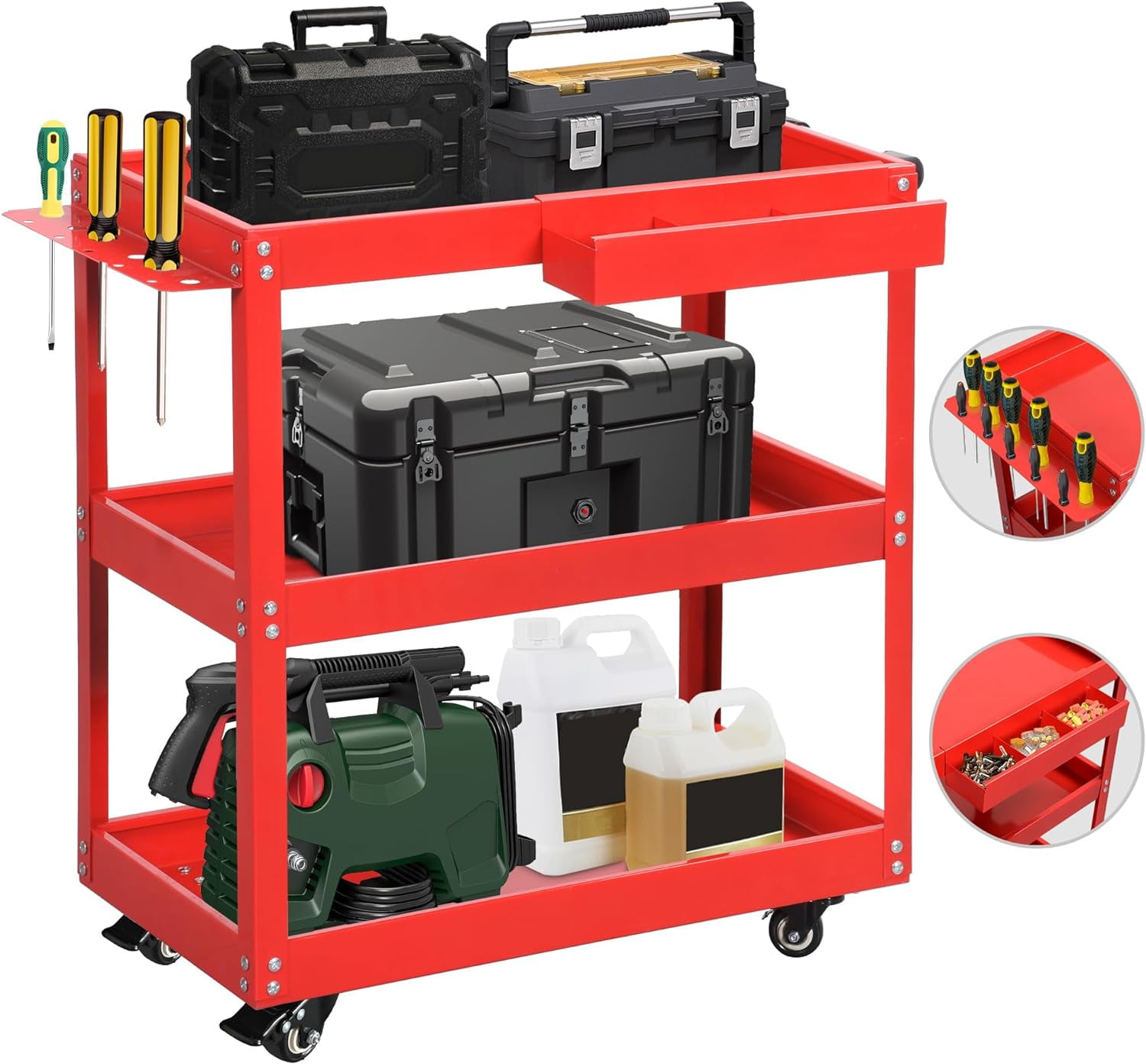 3-Tier Tool Cart on Wheels, Rolling Metal Service Cart with Screwdriver ...