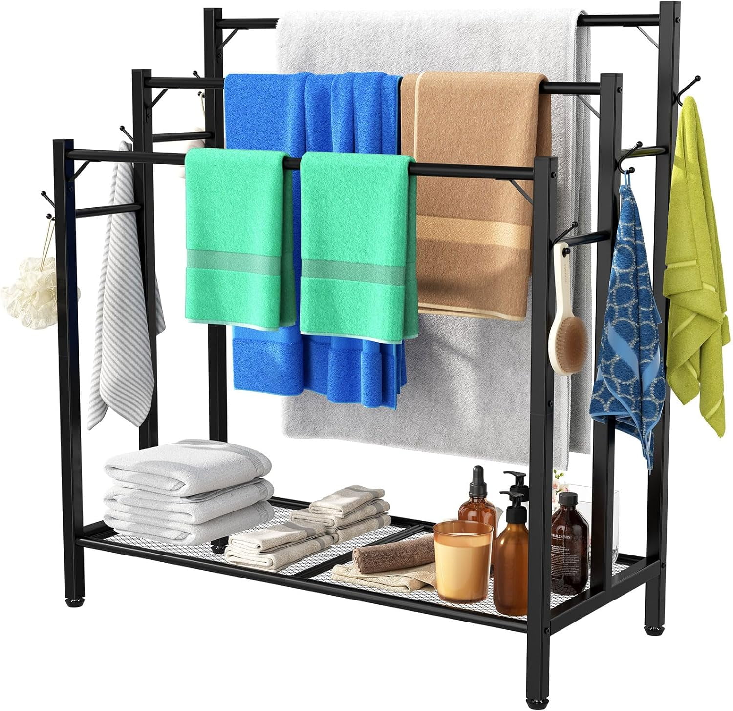 3 Tier Towel Rack with Large Storage & 6 Hooks, Blanket Rack for ...