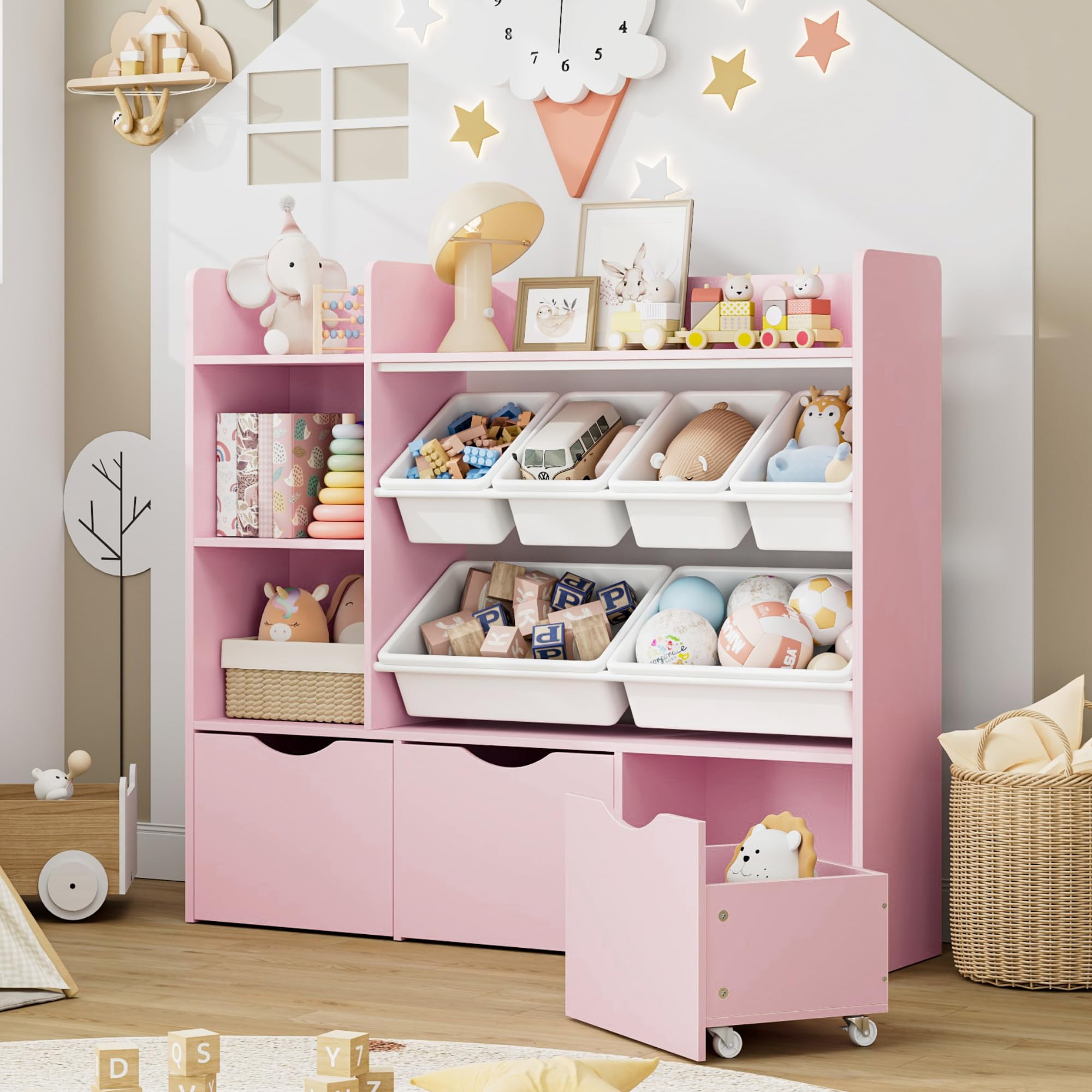 3-Tier Toy Storage Cabinet with Wheels, 6 Plastic Containers and 2 ...