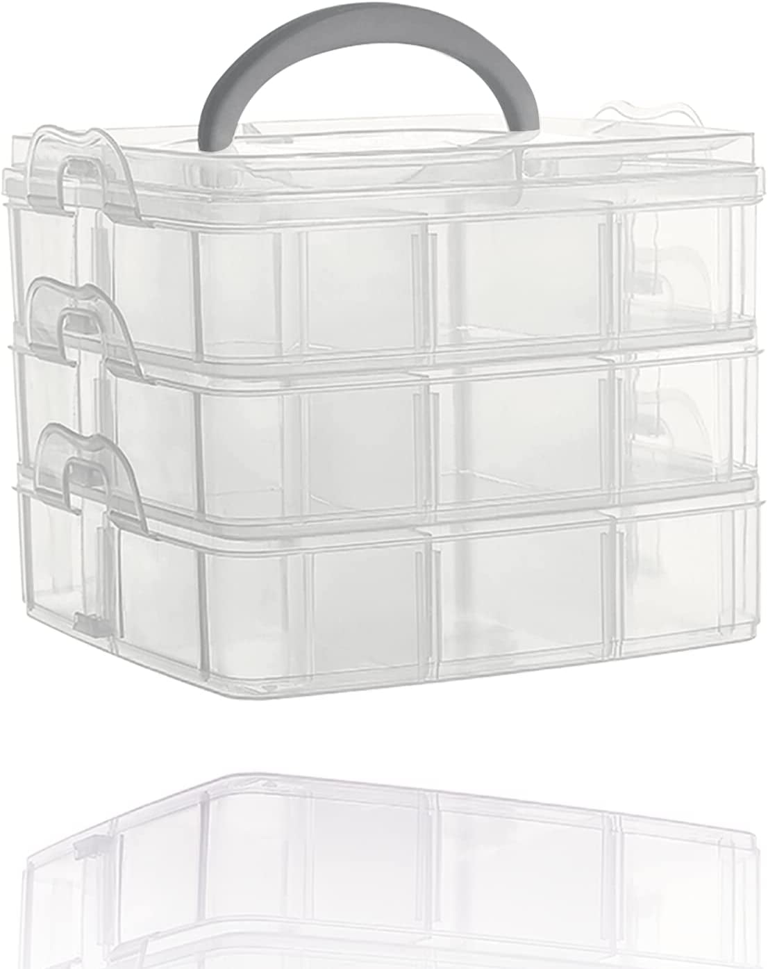 3-Tier Clear Plastic Box with Adjustable Dividers, Snap-Lock Lid, Multi-Use Organizer for Small ...
