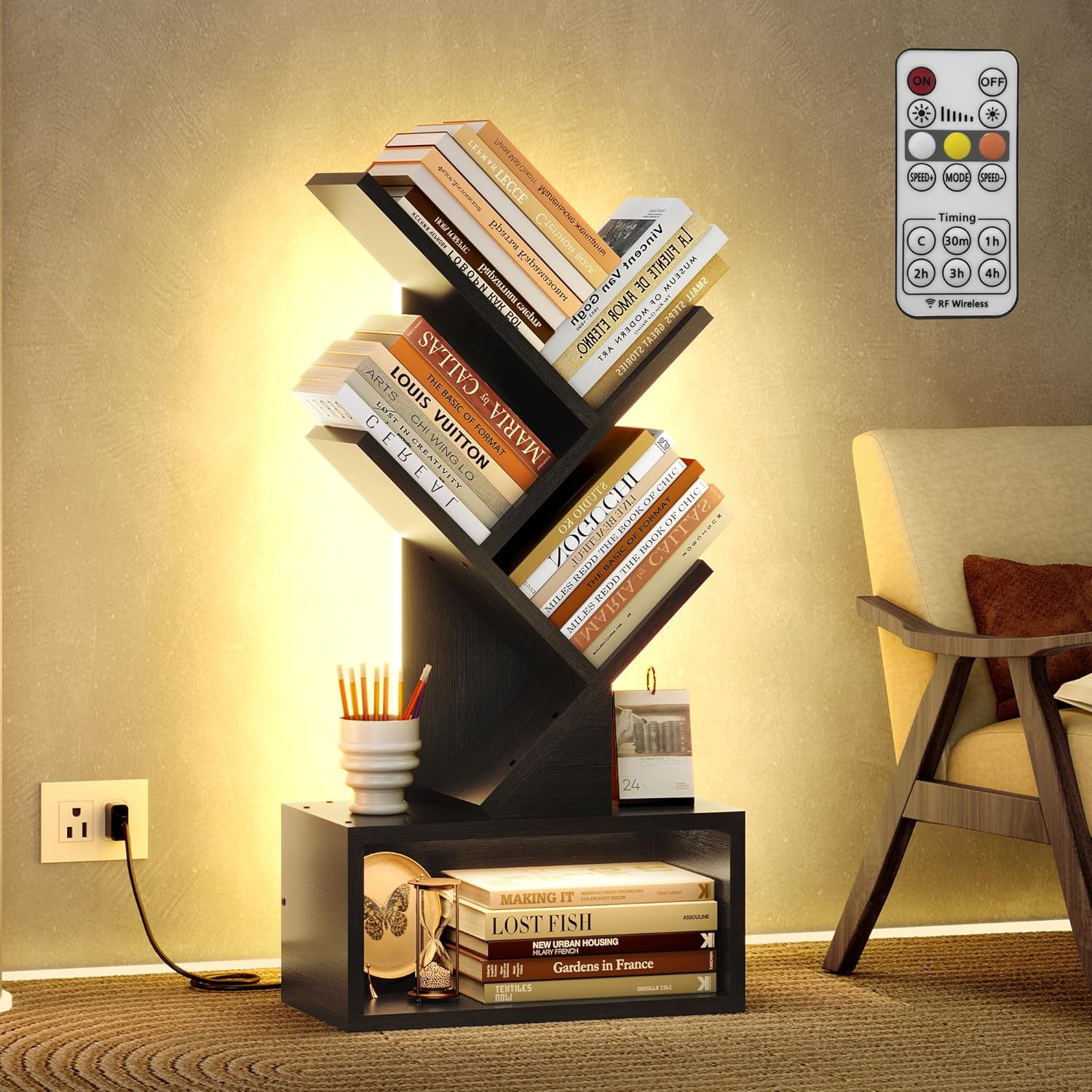 3 Tier Tree Bookshelf with LED Lights, Small Bookcase with Drawer ...