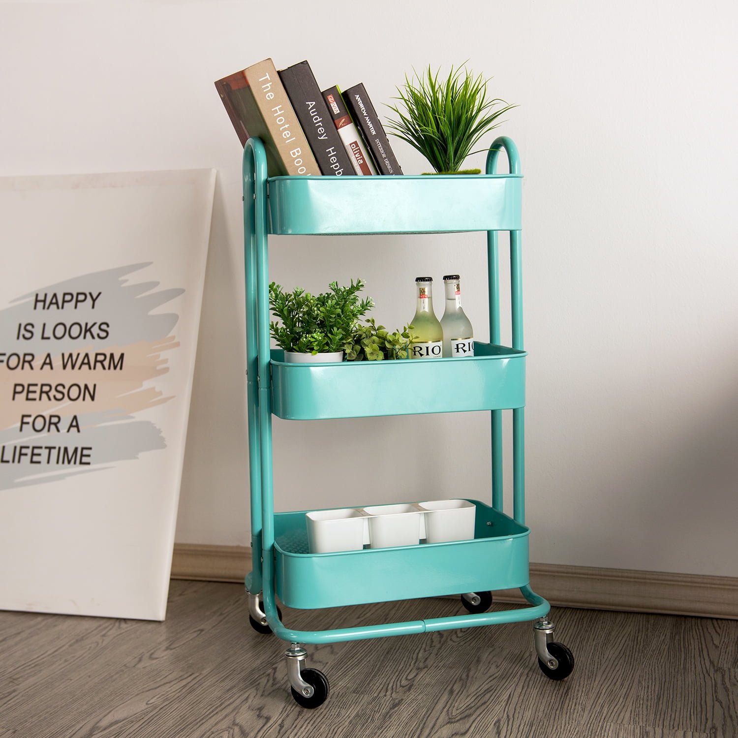 3-Tier Rolling Trolley Cart Metal Mesh Storage Basket Shelf With Wheels ...