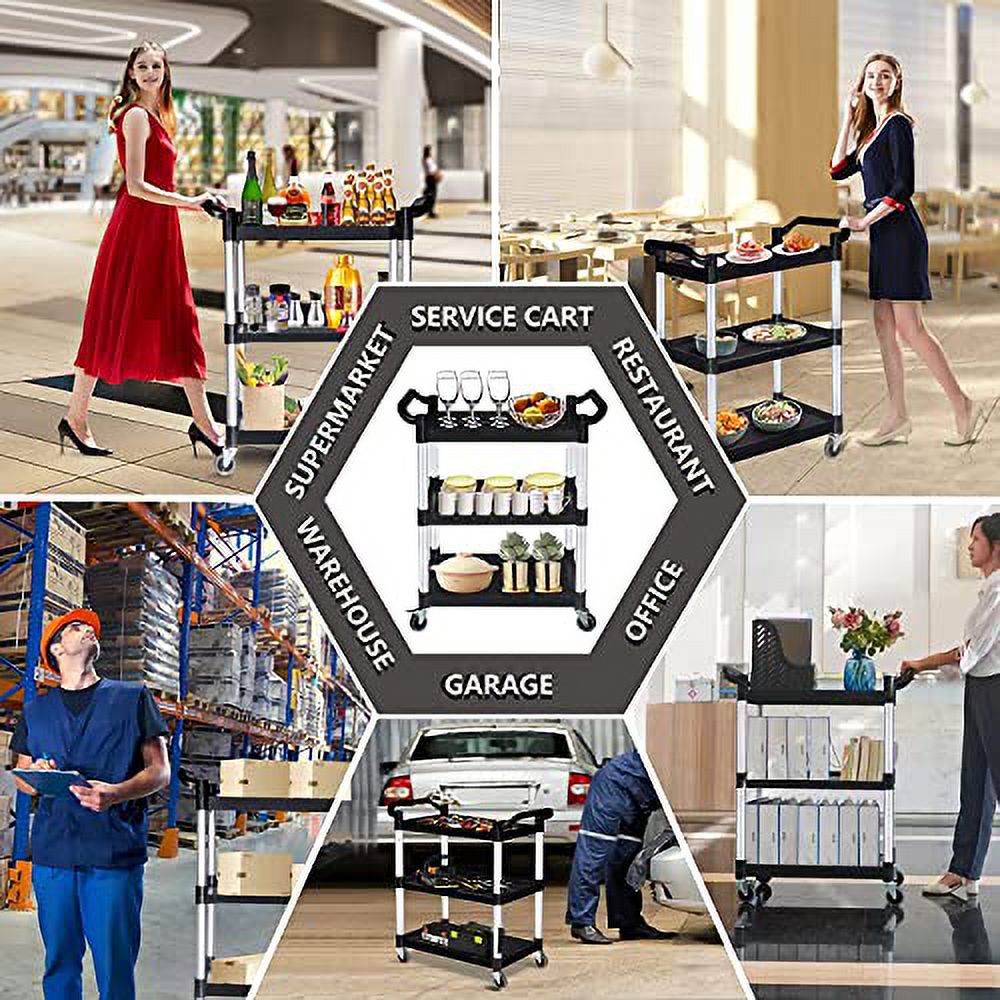 3-Tier Utility Cart | Bussing Service Plastic Cart with Wheels (16'' D ...